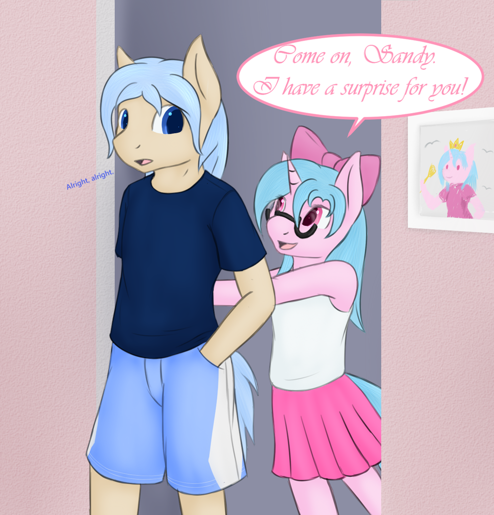 #3578980 - safe, artist:daf, oc, oc only, oc:pink lace, oc:sandy surf, unicorn, anthro, anthro ...