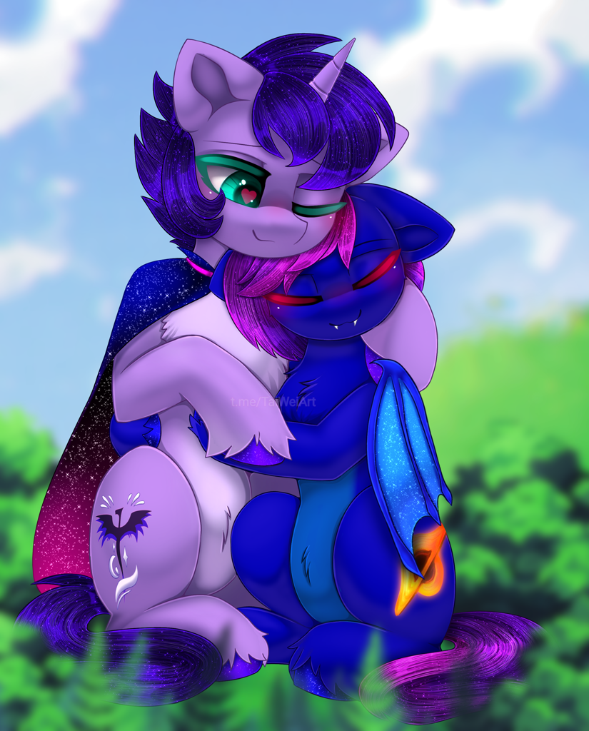 #3591959 - safe, artist:taiweiart, oc, oc only, oc:purple hole, oc:shiny dust, bat pony, unicorn ...