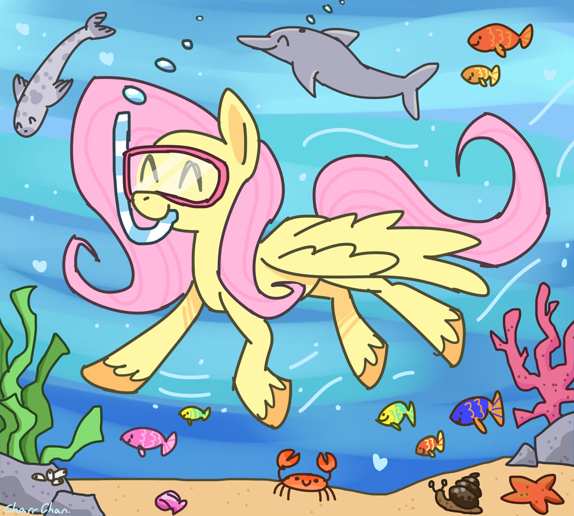 #3593706 - safe, artist:charrchan, fluttershy, crab, dolphin, fish ...