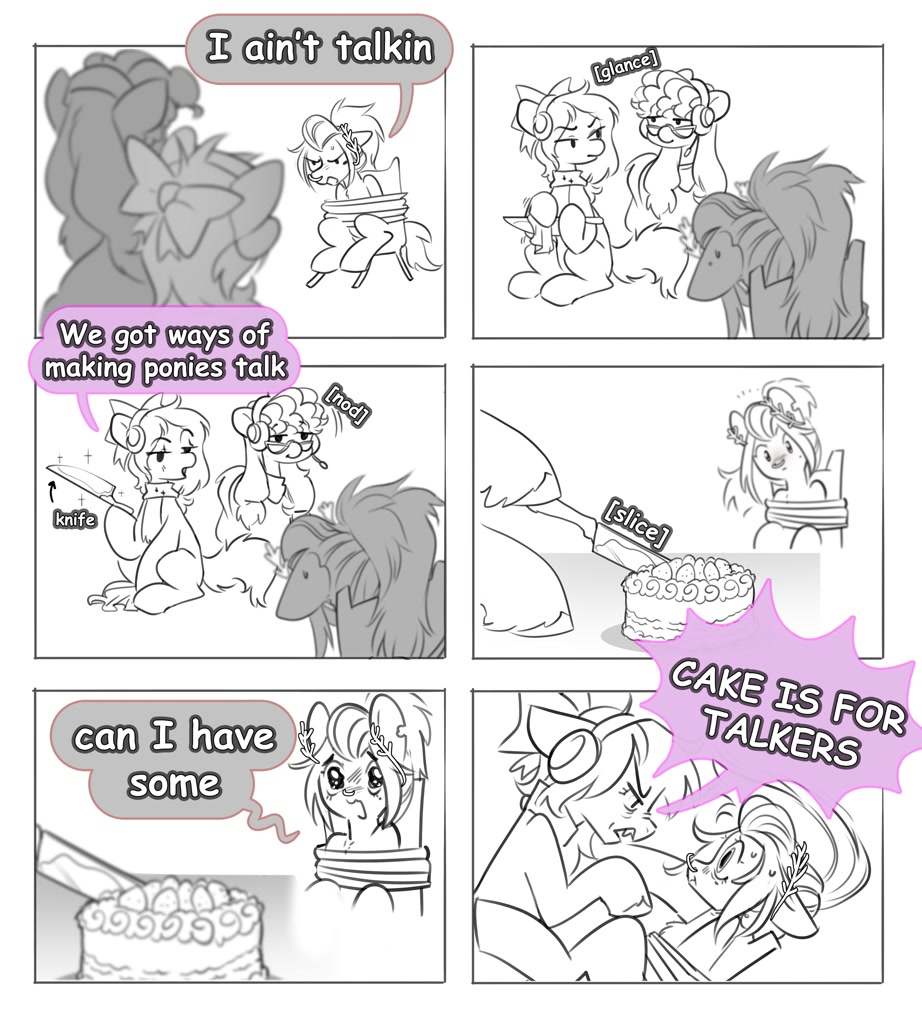 #3607808 - safe, artist:opalacorn, oc, oc only, earth pony, pony, 6 panel comic, cake, chair ...