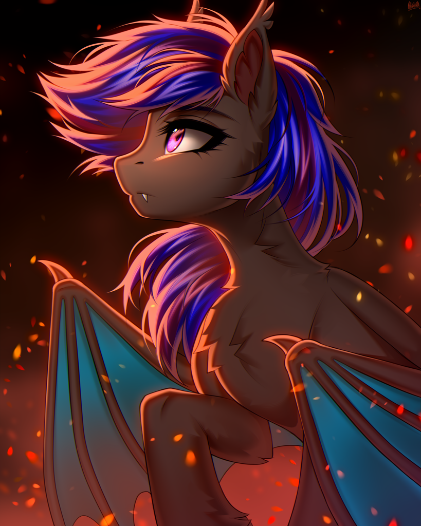 #3609441 - safe, artist:hakaina, oc, oc only, bat pony, pony, chest fluff, claws, fangs, female ...