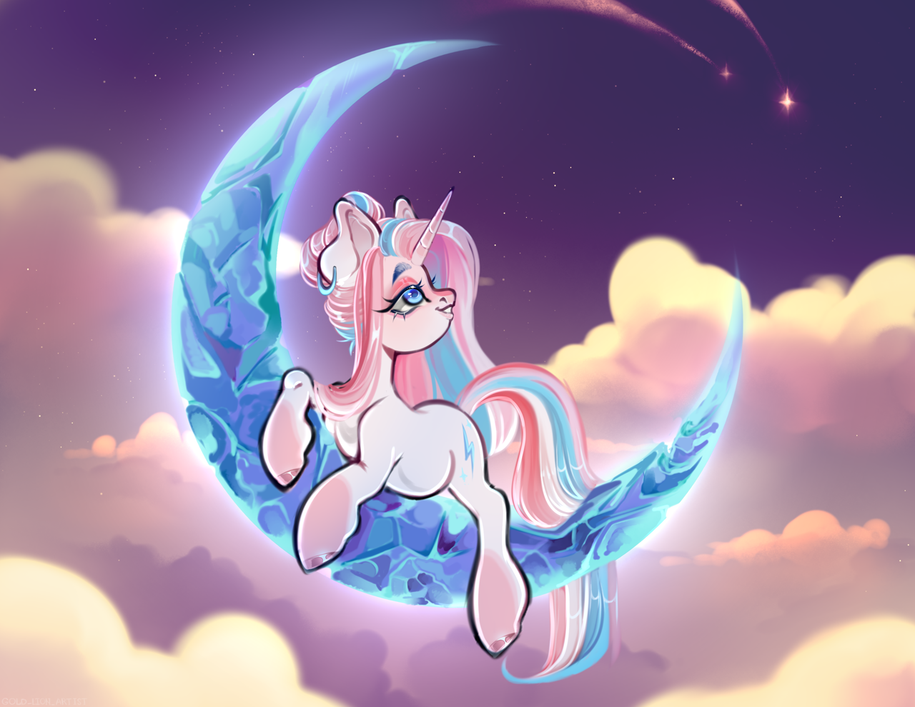 #3609909 - safe, artist:goldlionartist, oc, oc only, pony, unicorn, cloud, crescent moon, horn ...