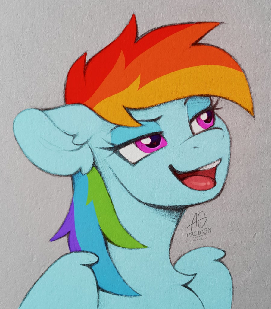 #3599464 - safe, artist:argigen, rainbow dash, pegasus, pony, g4, bust, digital painting, open ...