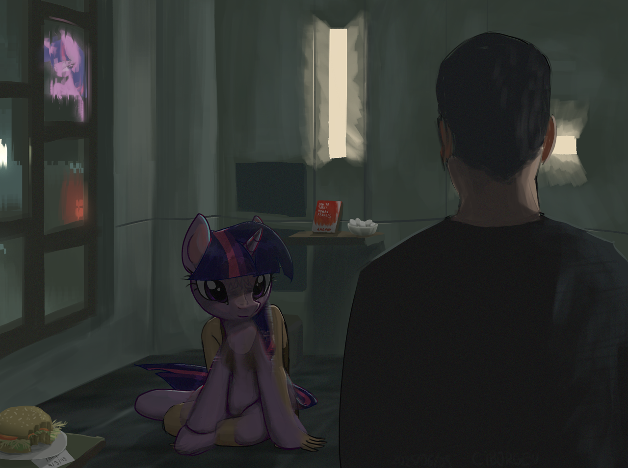 #3621306 - safe, artist:ciborgen, twilight sparkle, human, pony, g4, blade runner 2049, burger ...