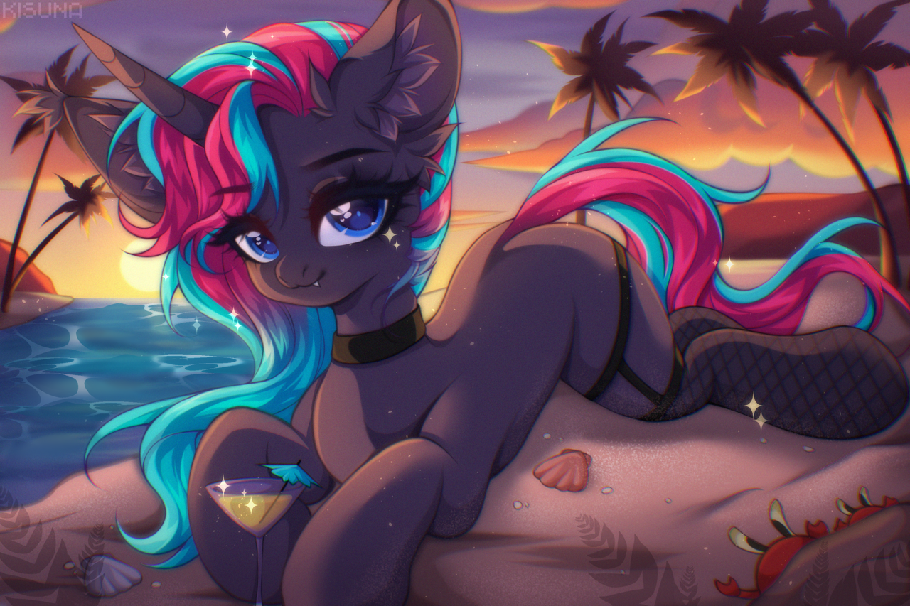 #3629919 - safe, artist:kisuna, oc, oc only, oc:synthie glitch, bat pony, bat pony unicorn, crab ...