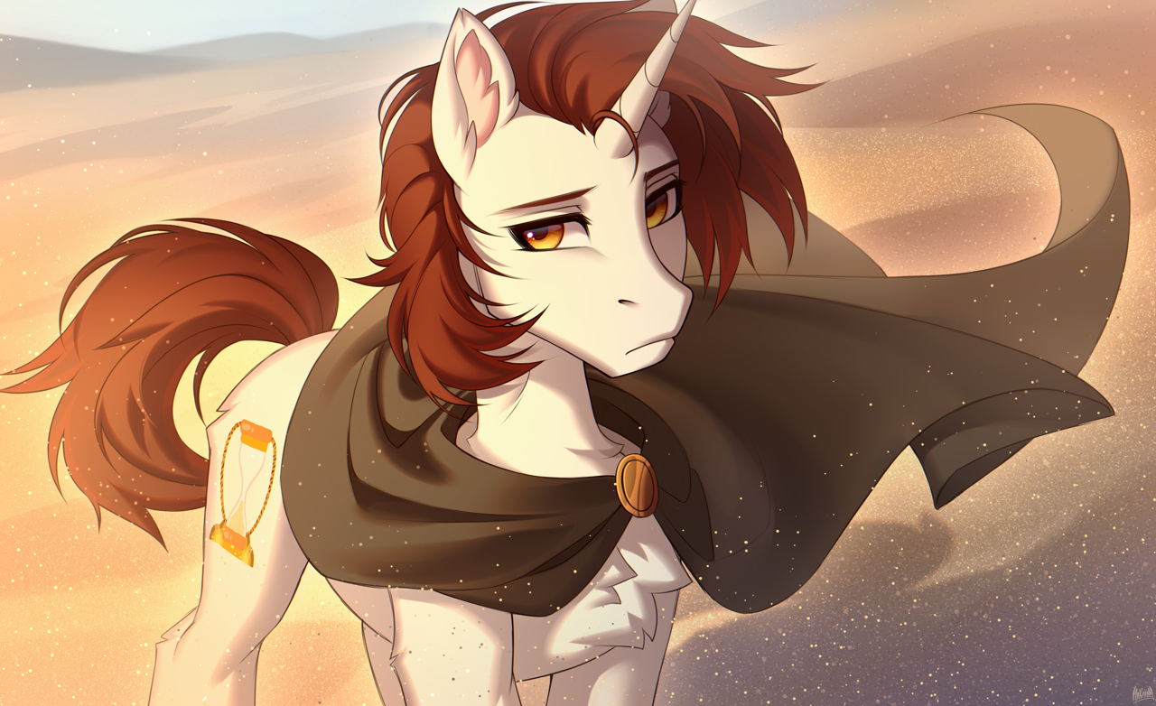 #3619502 - safe, artist:hakaina, oc, oc only, pony, unicorn, chest fluff, cloak, clothes, desert ...