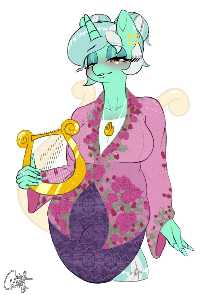 #3643462 - safe, artist:chiefywiffy, lyra heartstrings, unicorn, anthro, g4, chubby, clothes ...