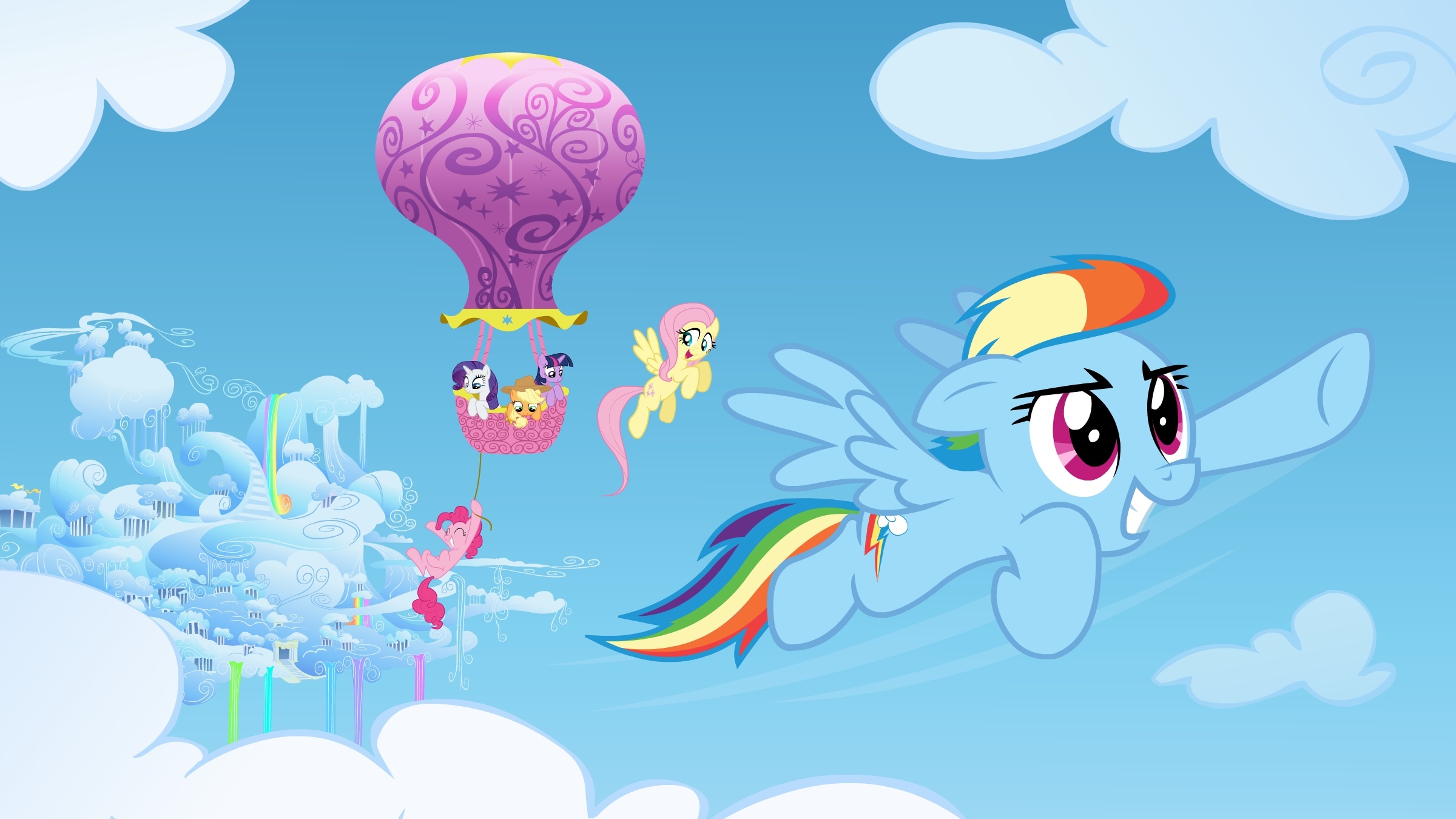 #129771 - applejack, cloudsdale, fluttershy, hot air balloon, mane six ...