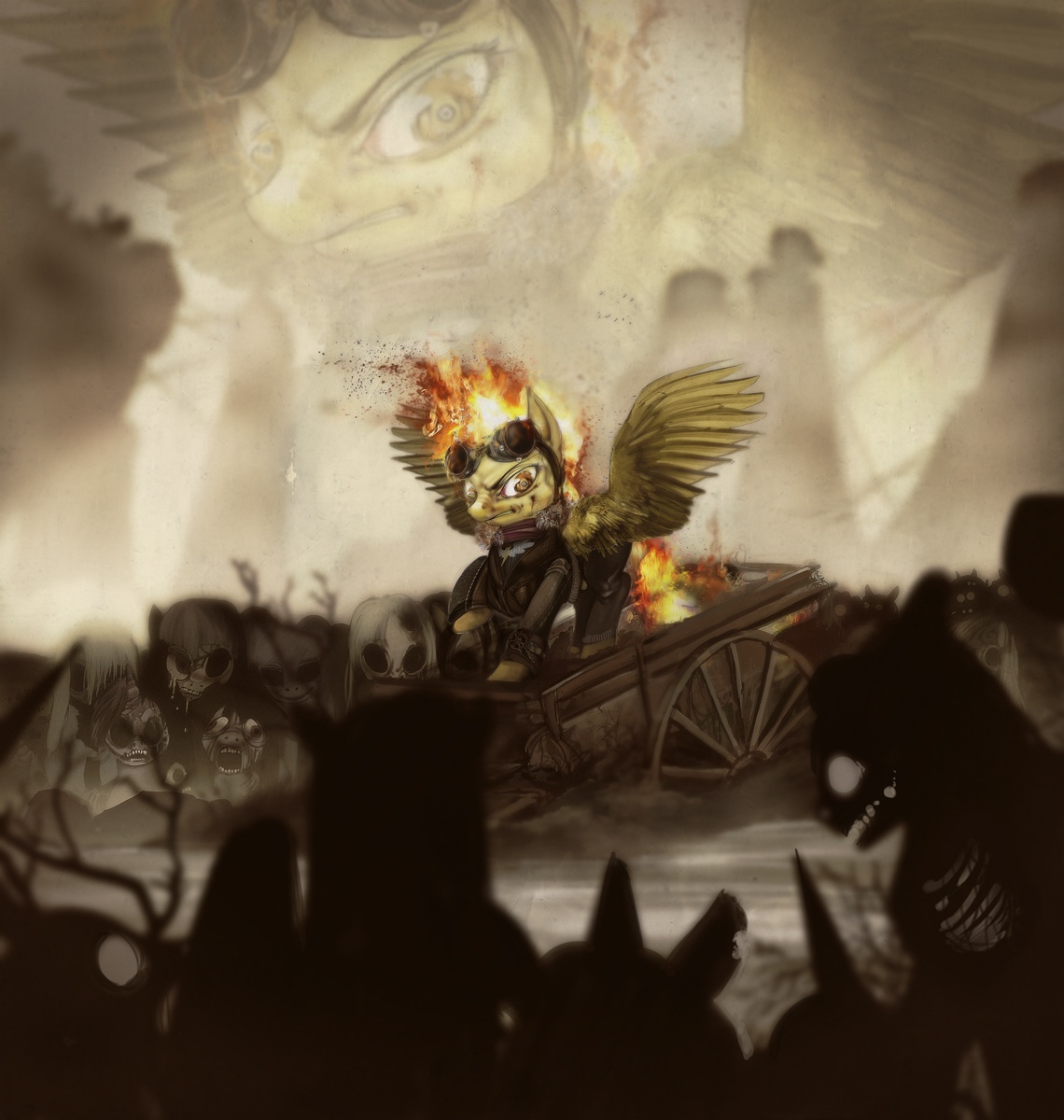 #28026 - grimdark, artist:xatiav, spitfire, zombie, apocalypse, wagon ...