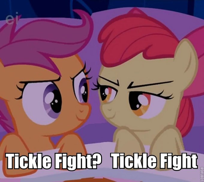 #107126 - safe, apple bloom, scootaloo, bed, caption, image macro ...