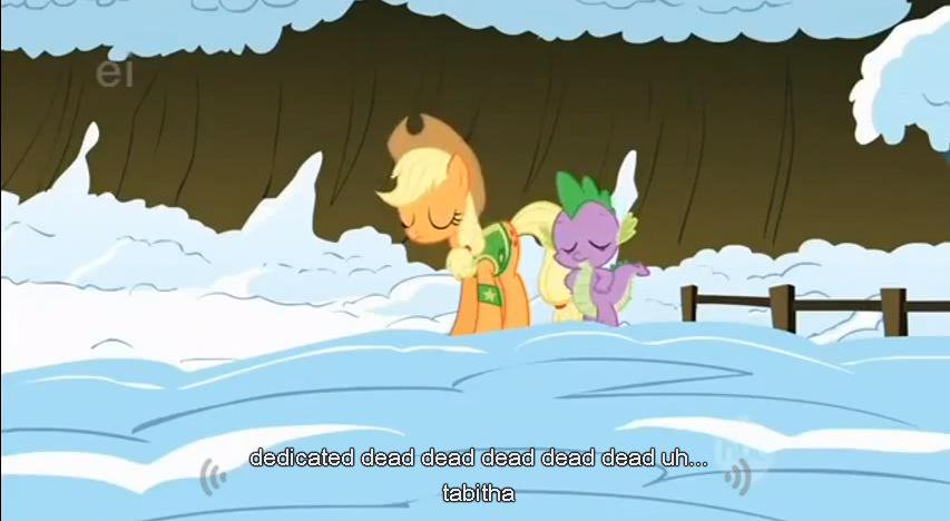#221003 - safe, screencap, applejack, spike, winter wrap up, ei, hub ...
