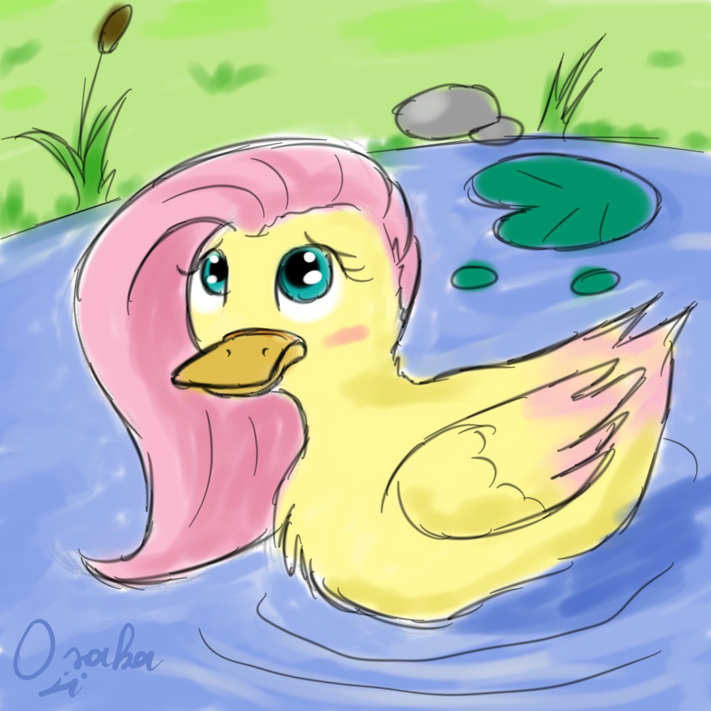 #250180 - safe, artist:osakaoji, fluttershy, bird, duck, g4, blush ...
