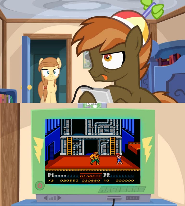 #421288 - safe, button mash, oc, oc:cream heart, button mash plays, double dragon, meme, playing ...