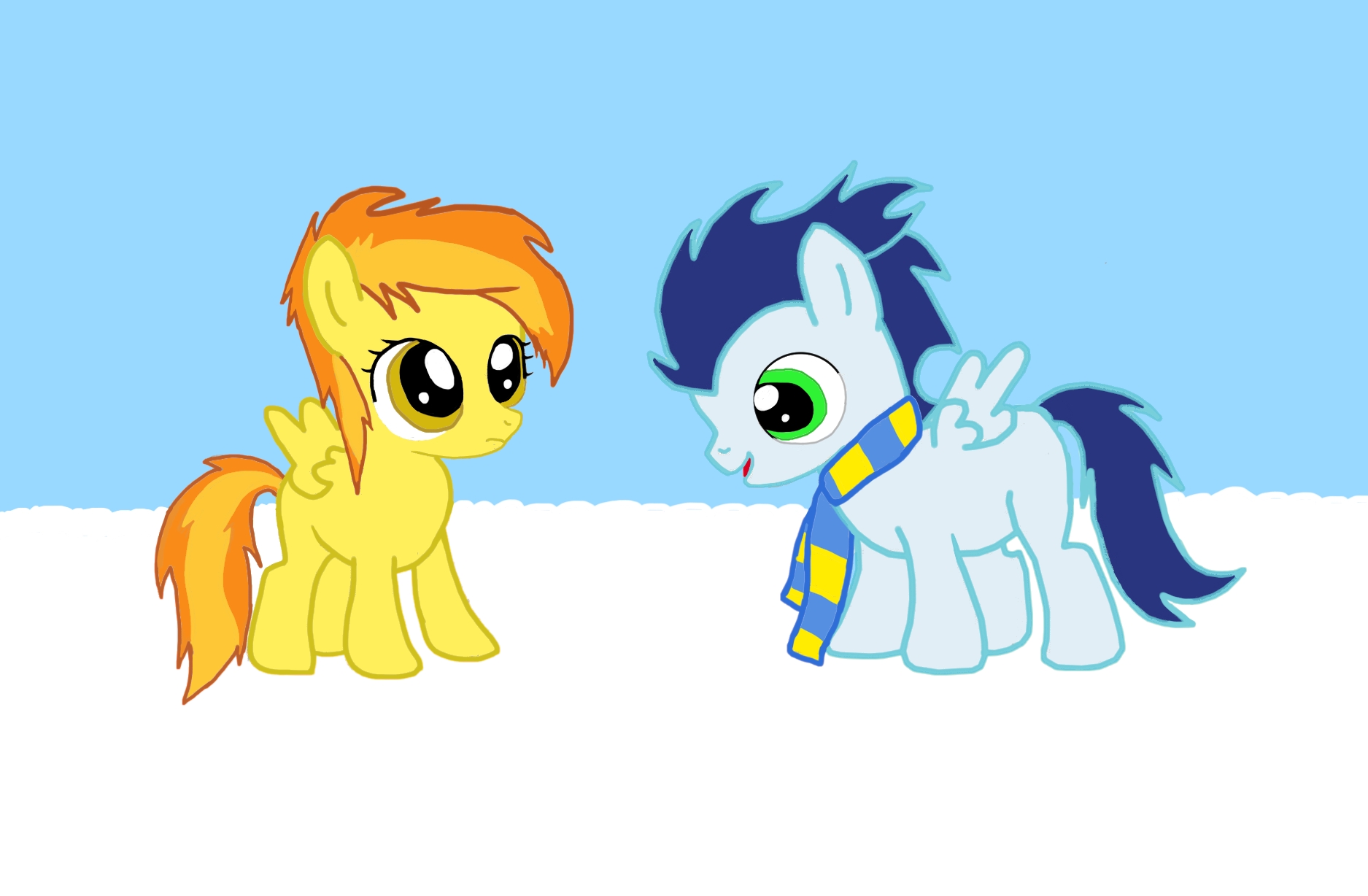 #528995 - safe, artist:bloodyokami, soarin', spitfire, colt, duo, filly ...