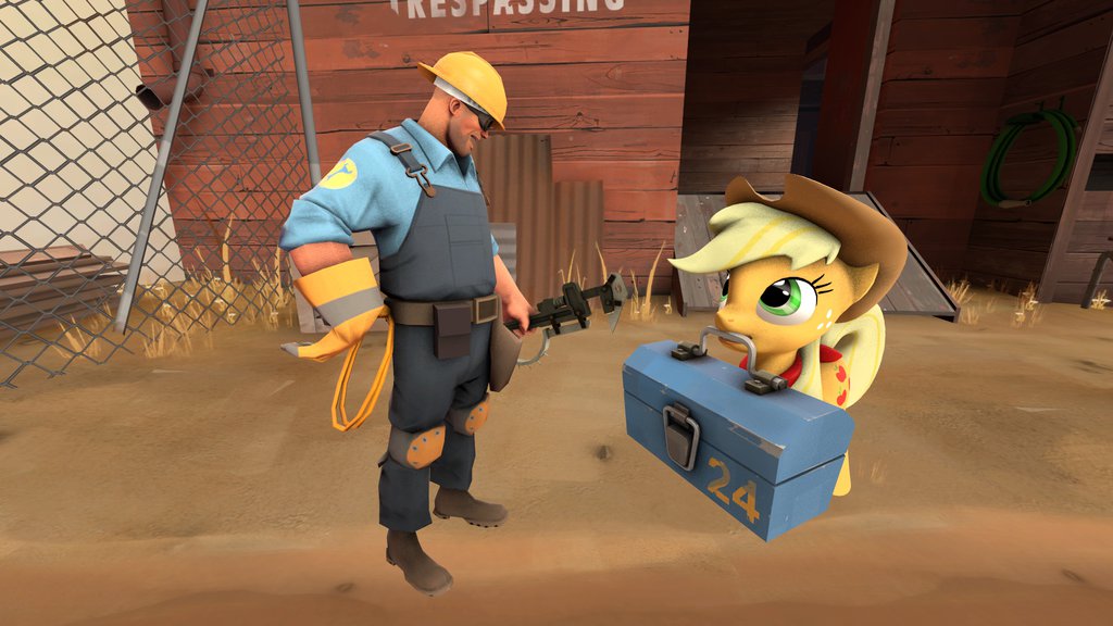 #765953 - safe, applejack, g4, crossover, engineer, team fortress 2 ...