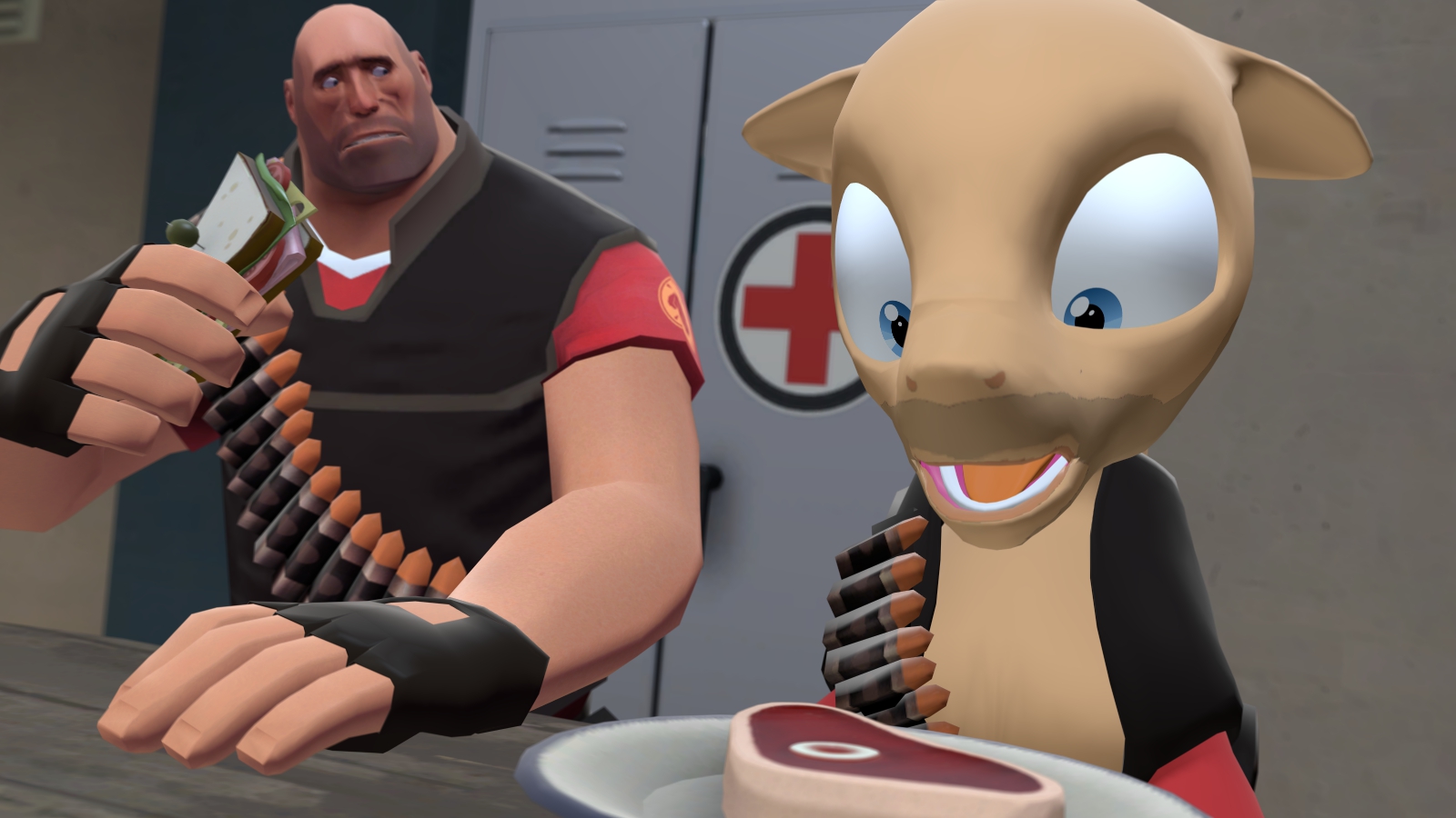#767267 - safe, 3d, gmod, heavy, heavy weapons guy, meat, ponies eating ...