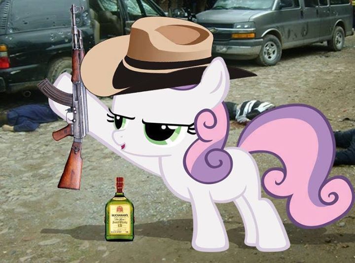 #778579 - grimdark, sweetie belle, pony, ak-47, alcohol, blood, bodies ...