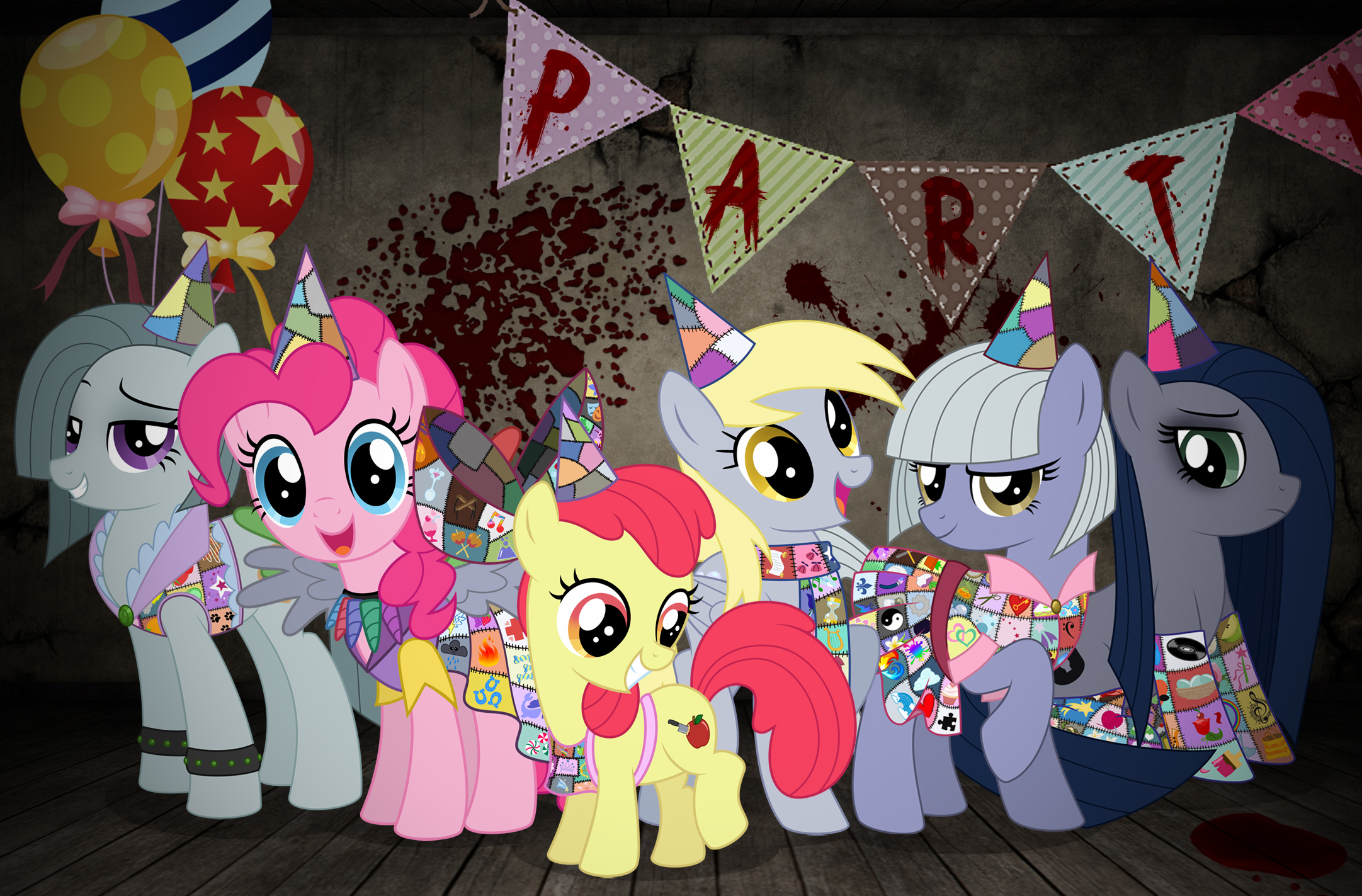 #603015 - semi-grimdark, artist:reitanna-seishin, apple bloom, derpy hooves, limestone pie ...