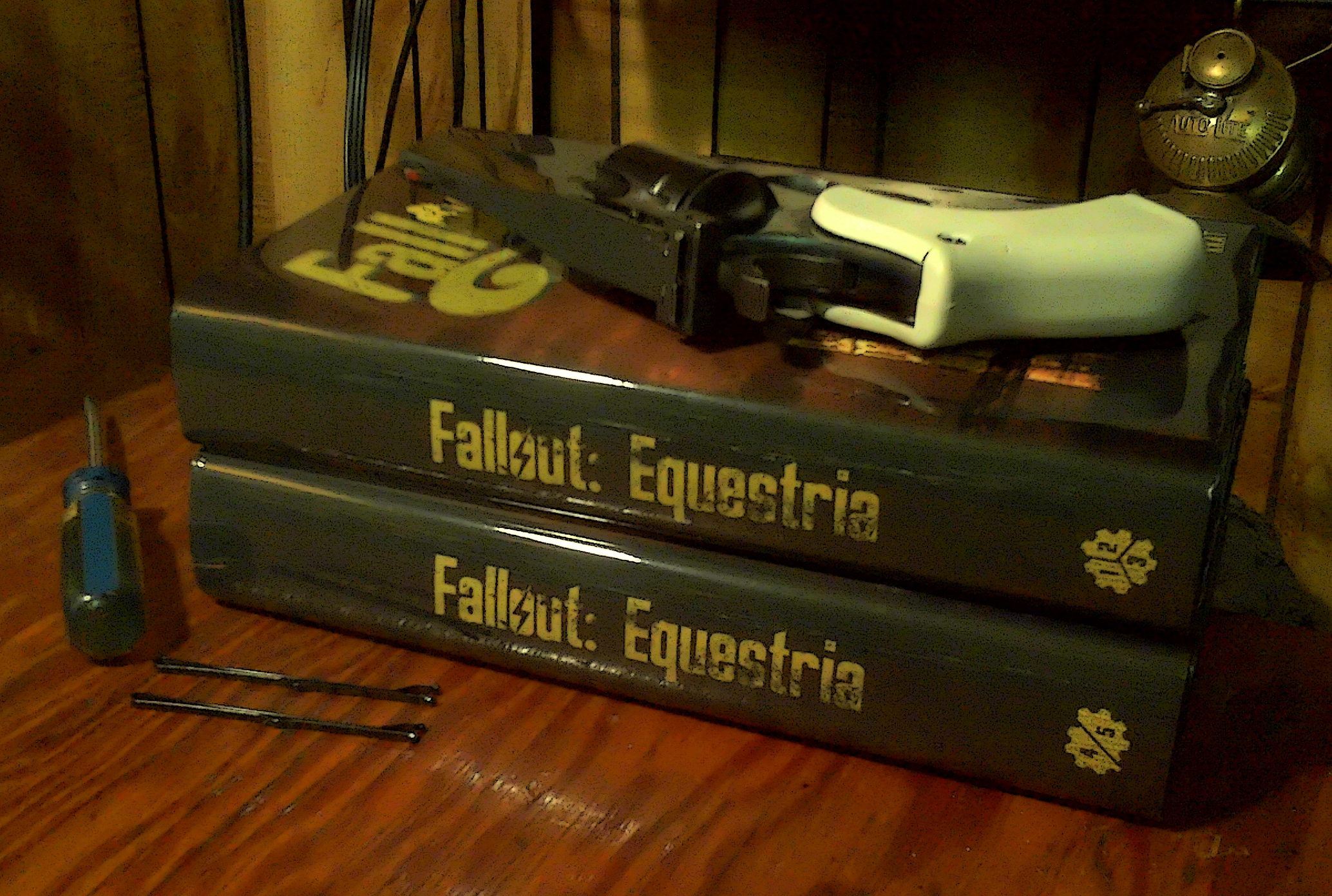 #684818 - safe, fallout equestria, bobby pin, book, gun, irl, photo ...