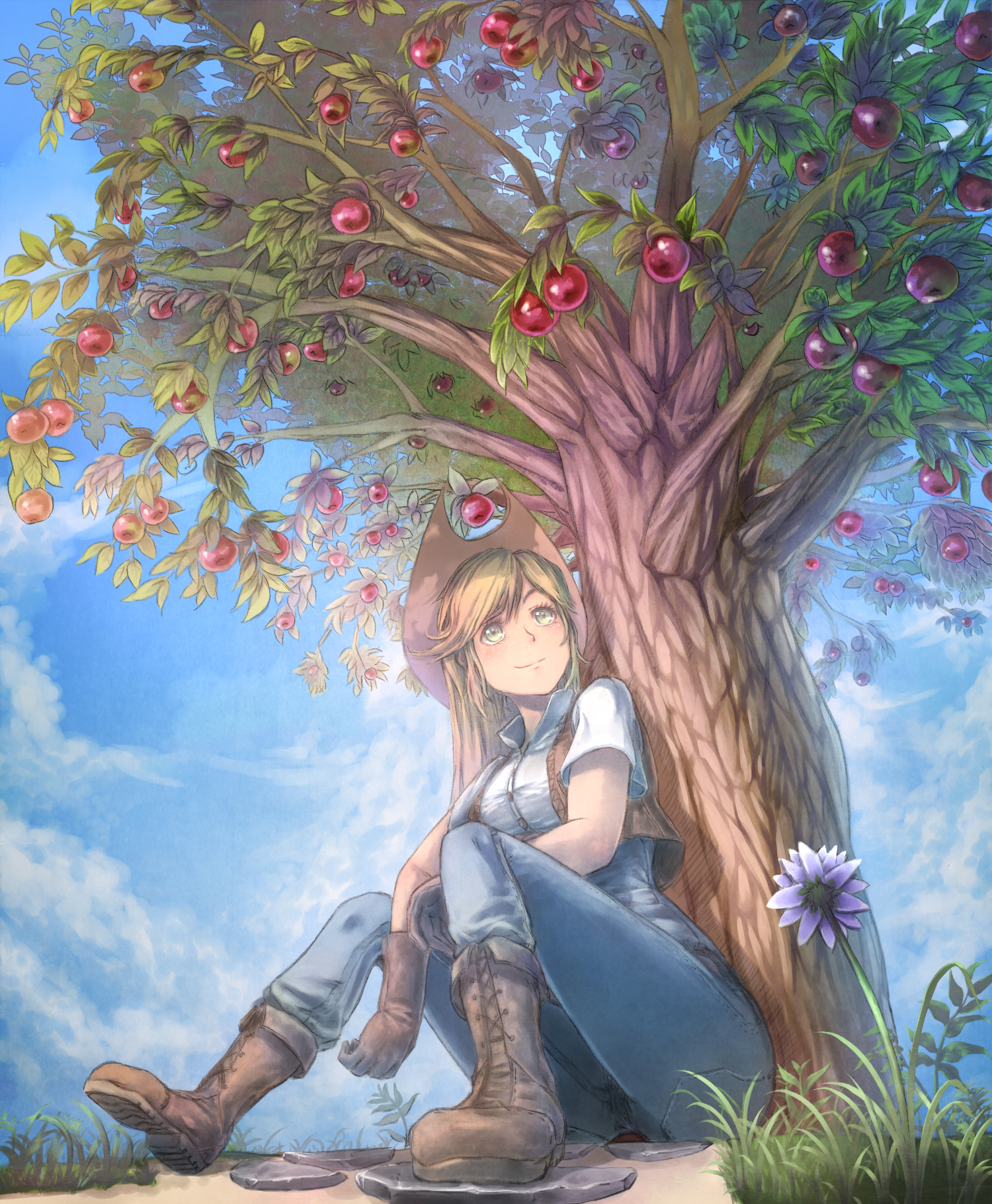 #850862 - safe, artist:rinnemi, applejack, human, apple tree, female ...
