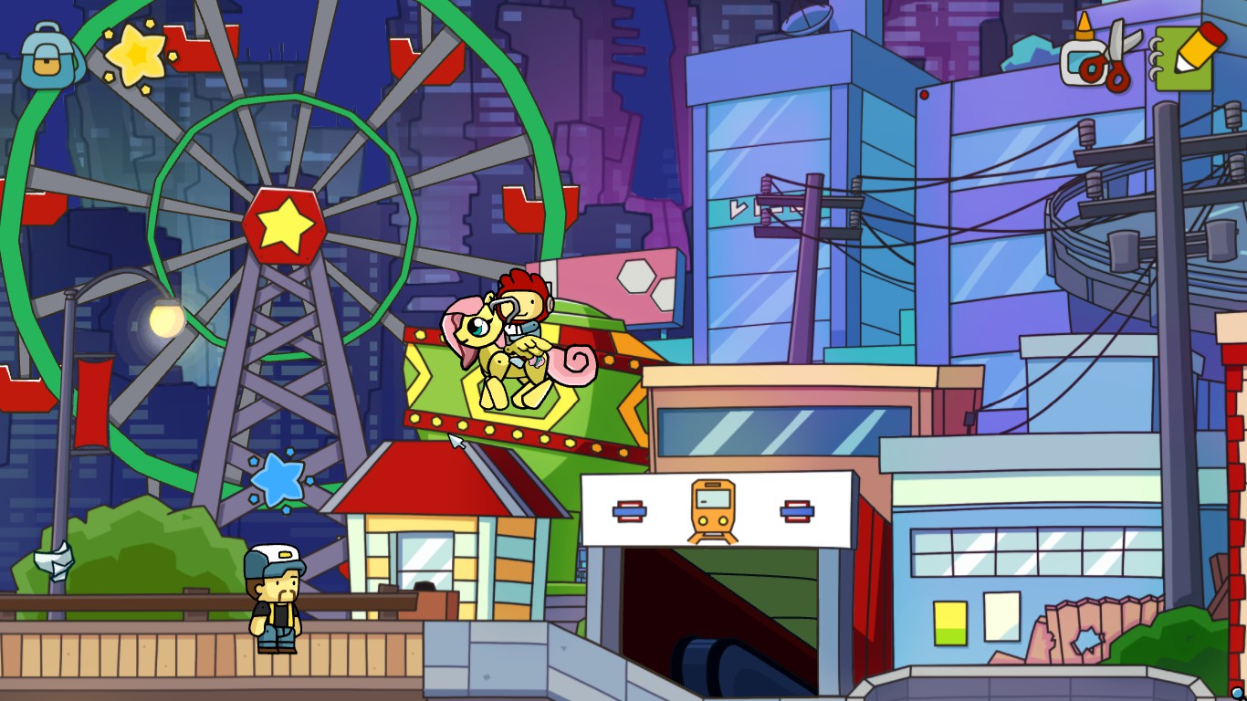 #875412 - safe, fluttershy, g4, city, custom character, flying, maxwell (scribblenauts), riding ...