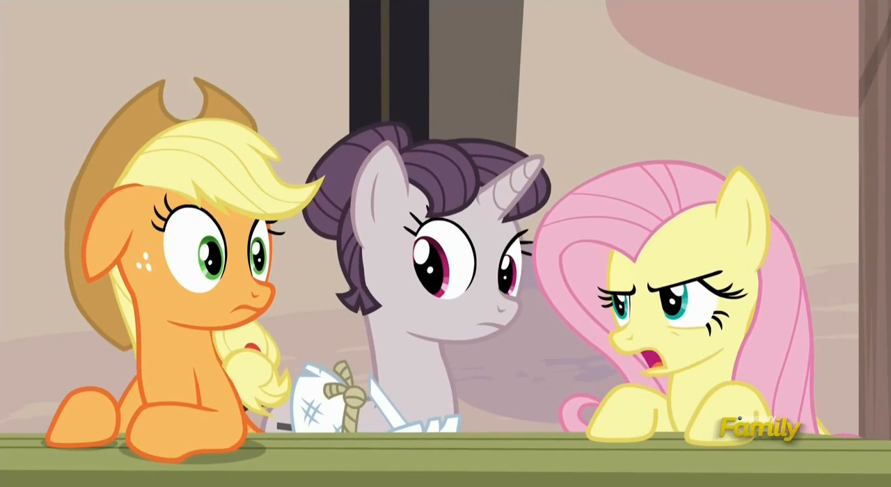 #865257 - safe, screencap, applejack, fluttershy, sugar belle, the ...