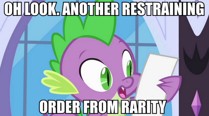 #891392 - safe, screencap, spike, image macro, meme, restraining order ...