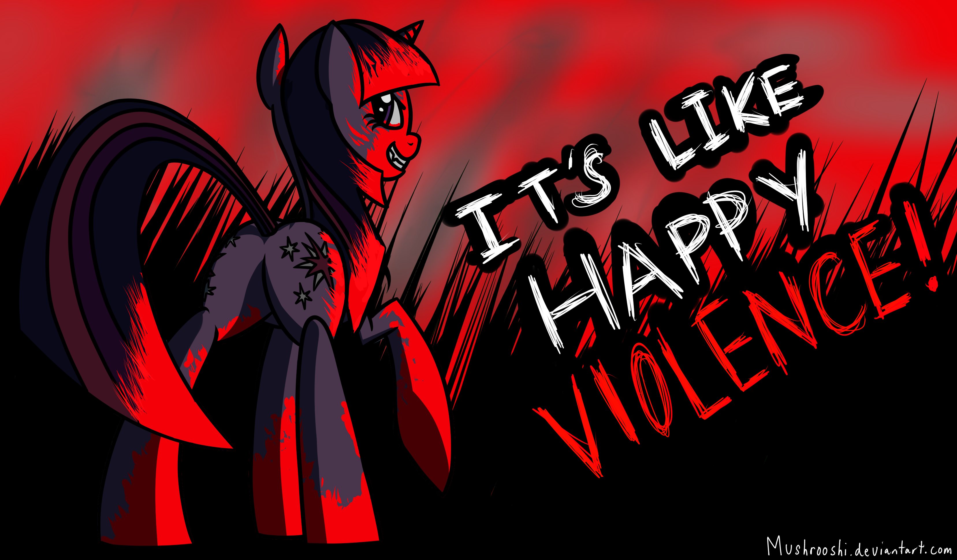 #930825 - grimdark, artist:mushrooshi, twilight sparkle, g4, blood, dada life, happy violence ...