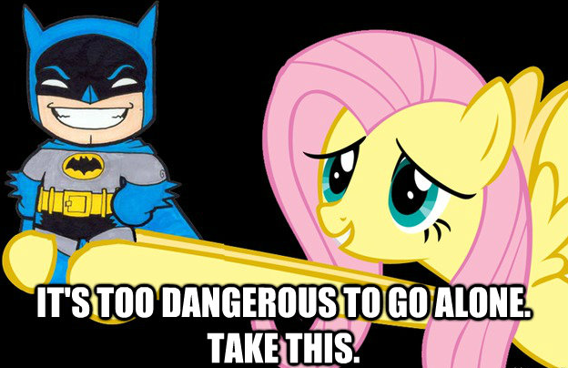 #987990 - safe, fluttershy, batman, chibi, image macro, it's dangerous to go alone, meme ...