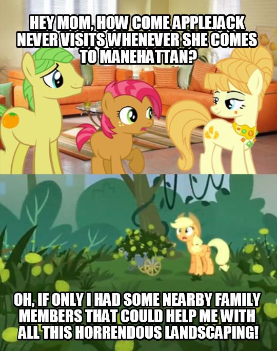 #989822 - safe, applejack, aunt orange, babs seed, uncle orange, g4 ...
