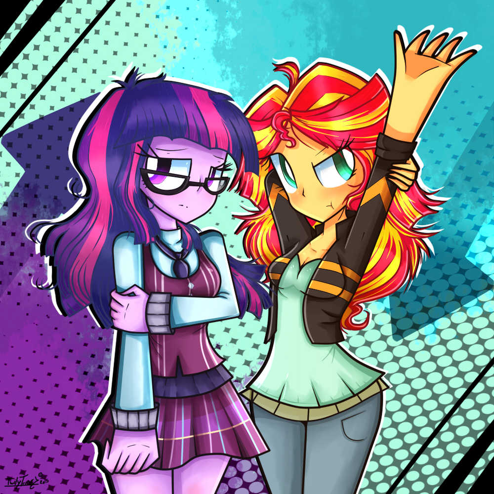 #990369 - safe, artist:twilytrinky, sci-twi, sunset shimmer, twilight ...