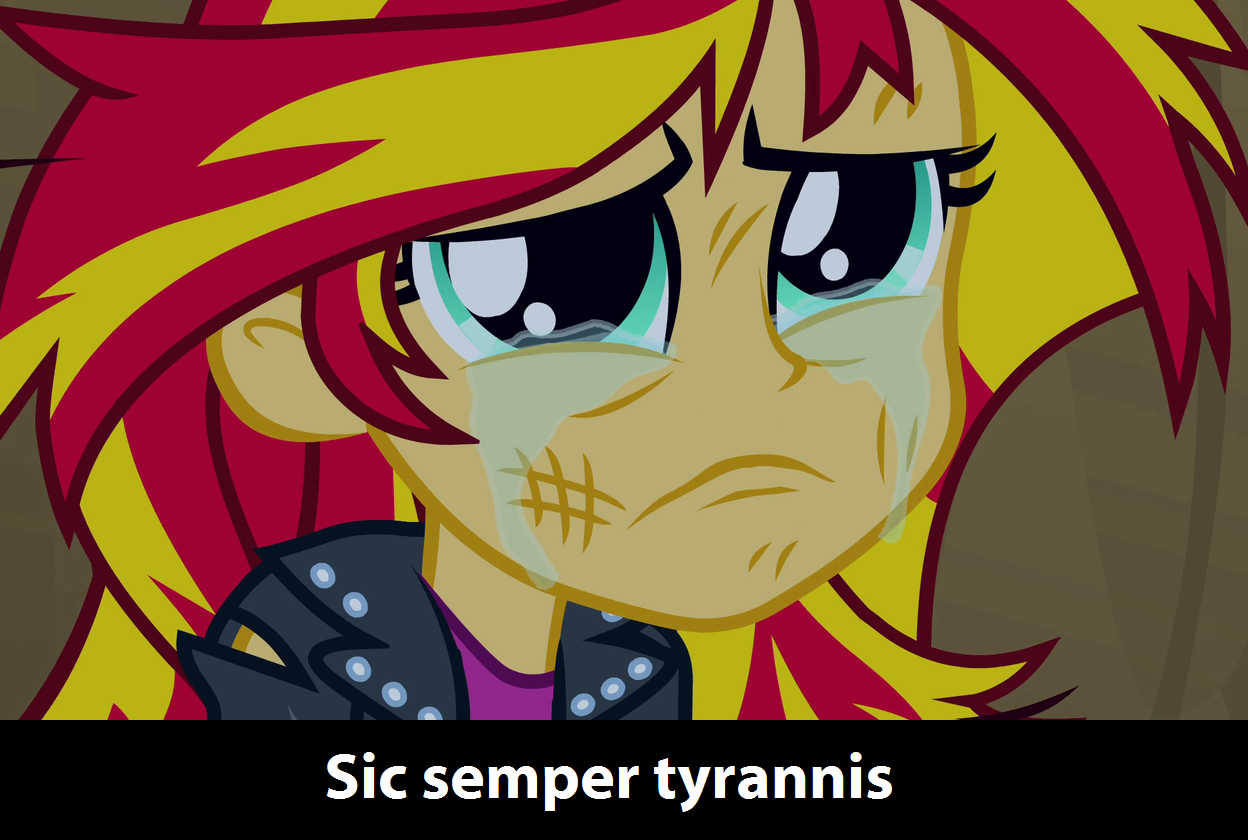 #1262258 - safe, sunset shimmer, equestria girls, crying, female, meme, sic semper tyrannis ...