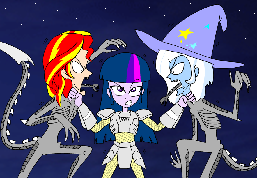 #1089312 - safe, artist:optip, sunset shimmer, trixie, twilight sparkle ...