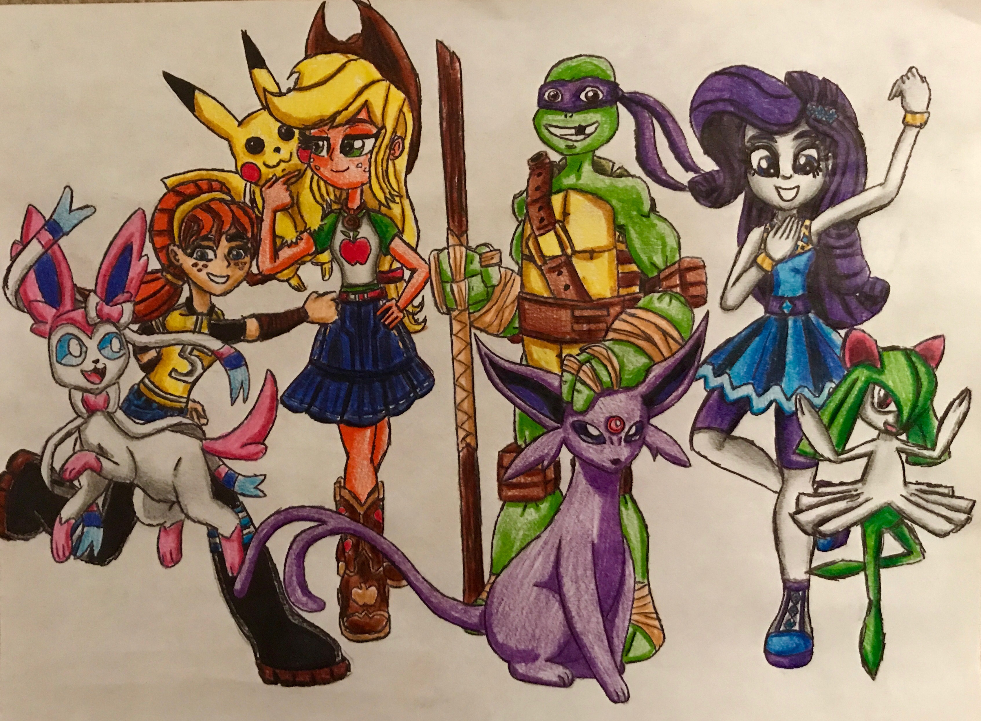 #1710599 - safe, artist:bozzerkazooers, applejack, rarity, espeon ...