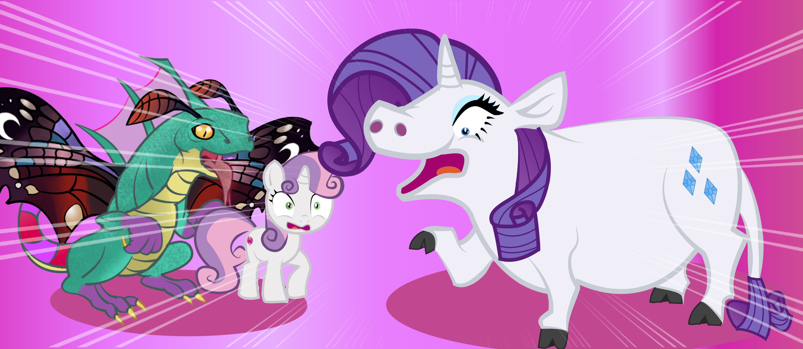 #1990293 - safe, artist:urhangrzerg, rarity, sweetie belle, dragon, pig ...