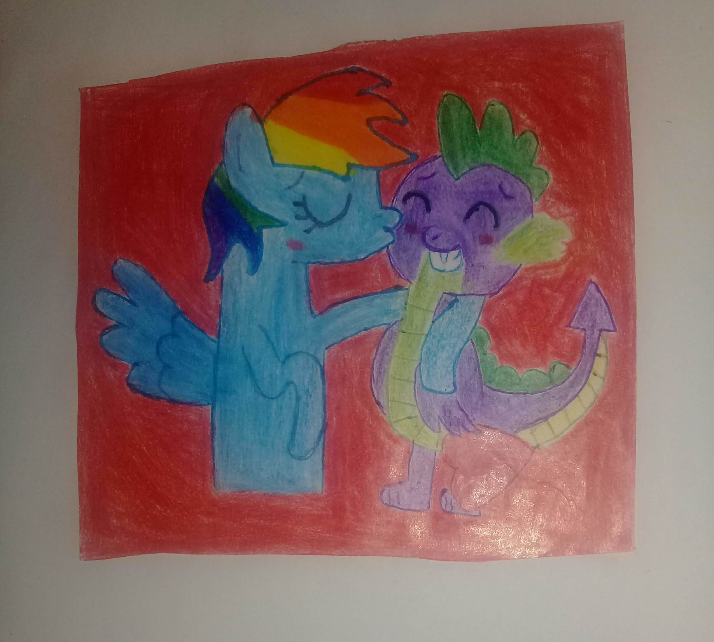 #2276938 - safe, rainbow dash, spike, blushing, cheek kiss, crayon ...