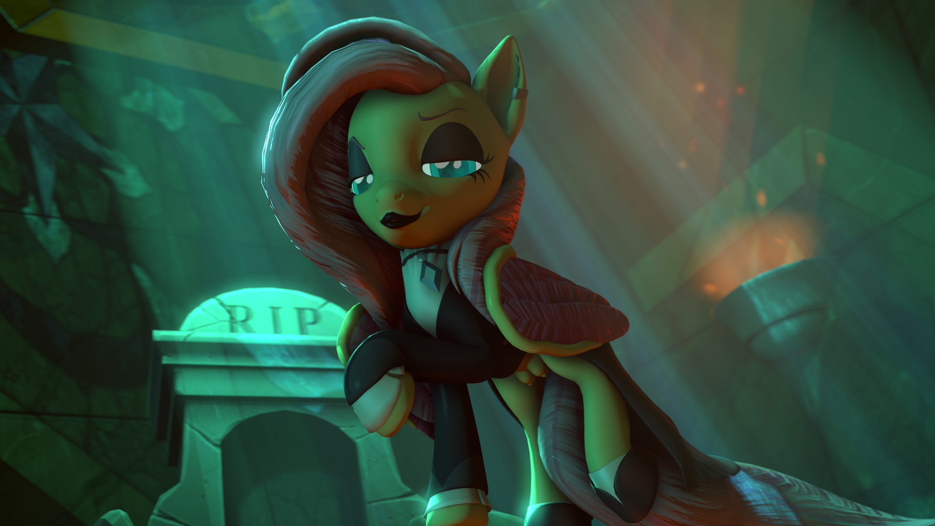 #2398703 - explicit, artist:hatter's lye, fluttershy, 3d, crotchboobs, female, fire, fluttergoth ...