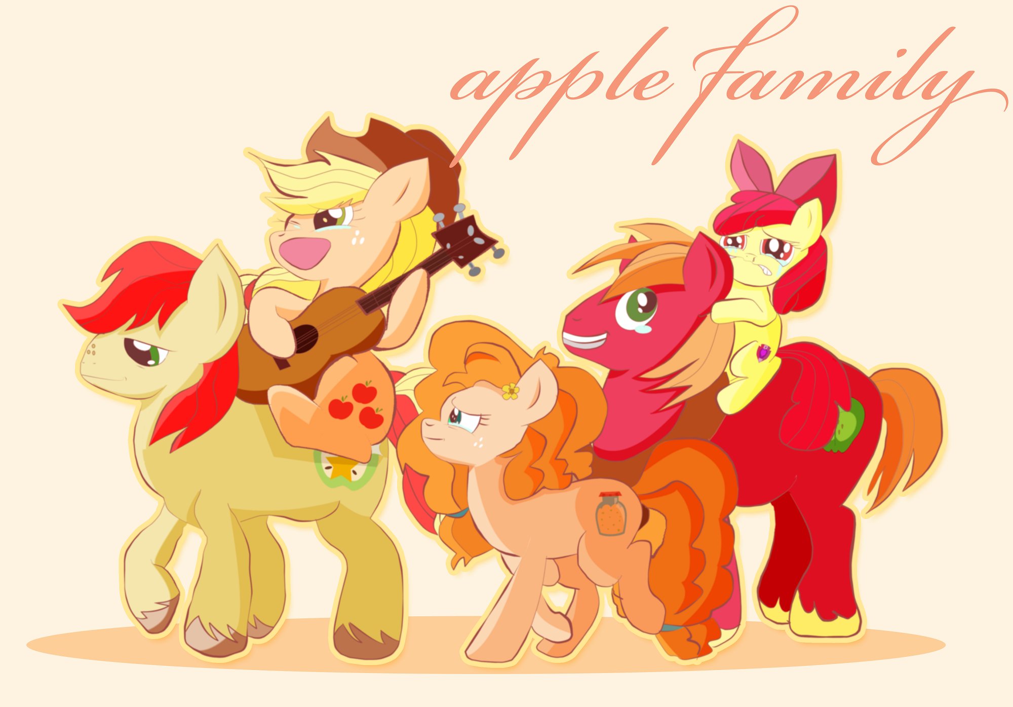 #2409575 - safe, artist:j5ajj, apple bloom, applejack, big macintosh, bright mac, pear butter ...