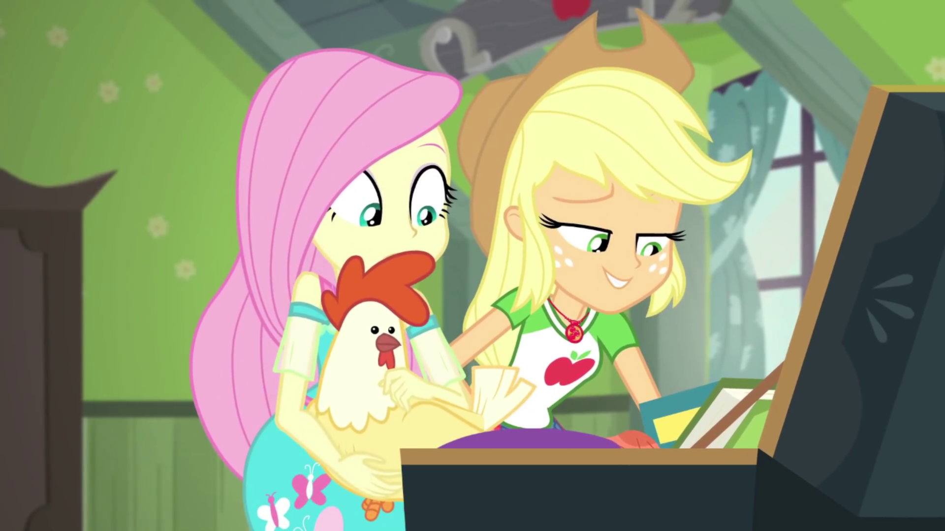 #2443113 - safe, screencap, applejack, fluttershy, bird, chicken ...