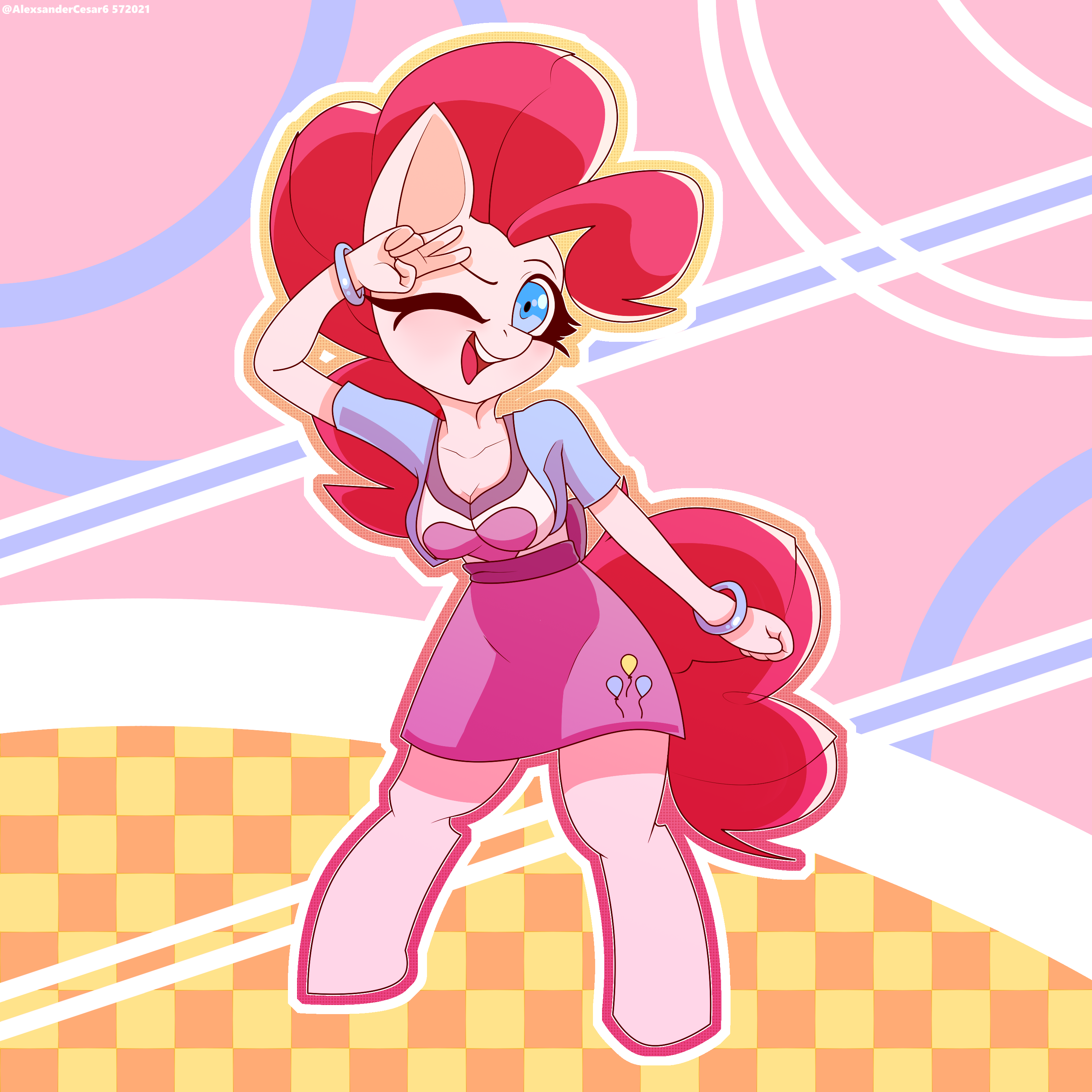 #2611353 - safe, artist:alexsc112, pinkie pie, earth pony, anthro, unguligrade anthro, abstract ...