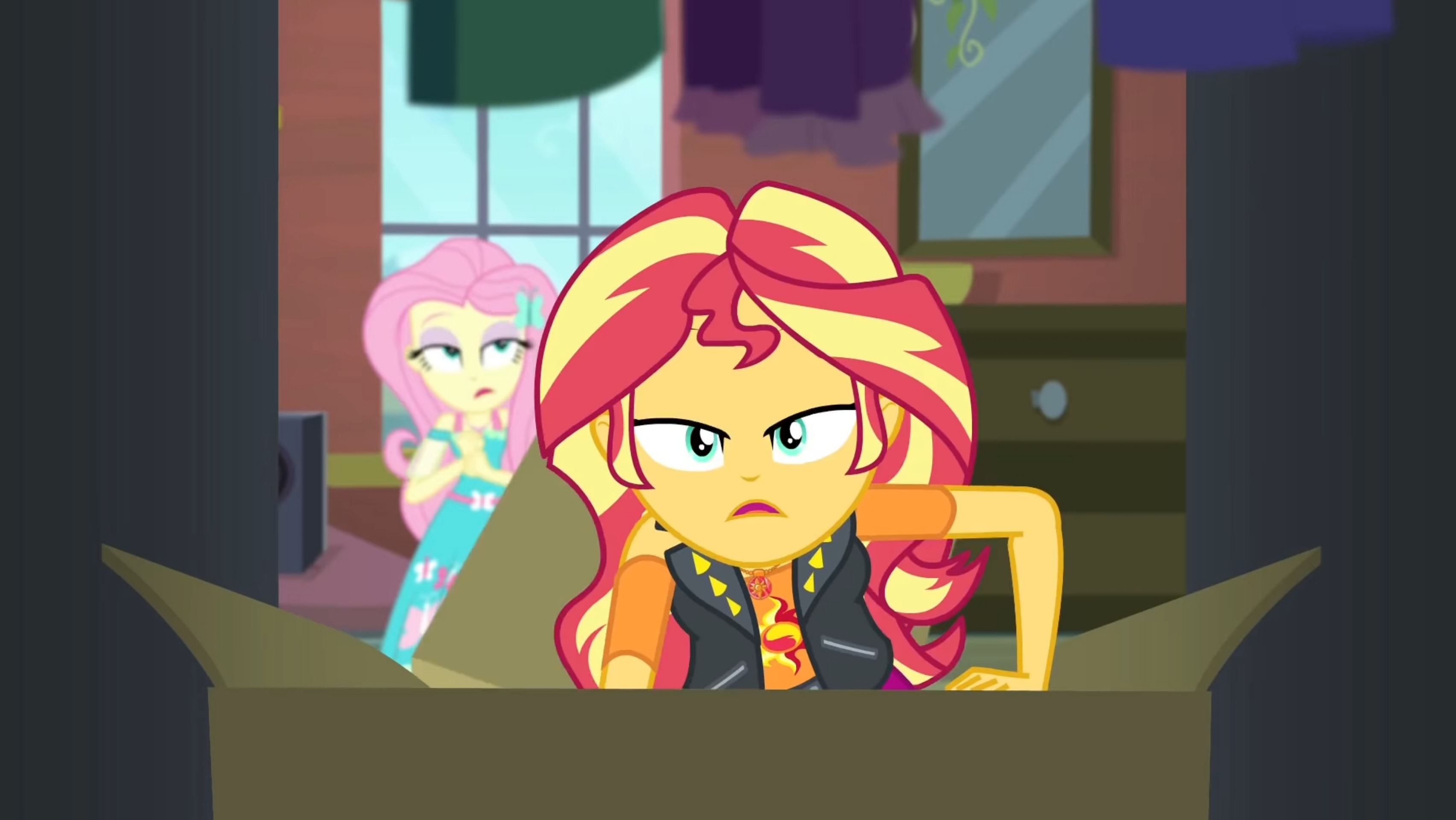 #2672676 - safe, screencap, fluttershy, sunset shimmer, costume ...