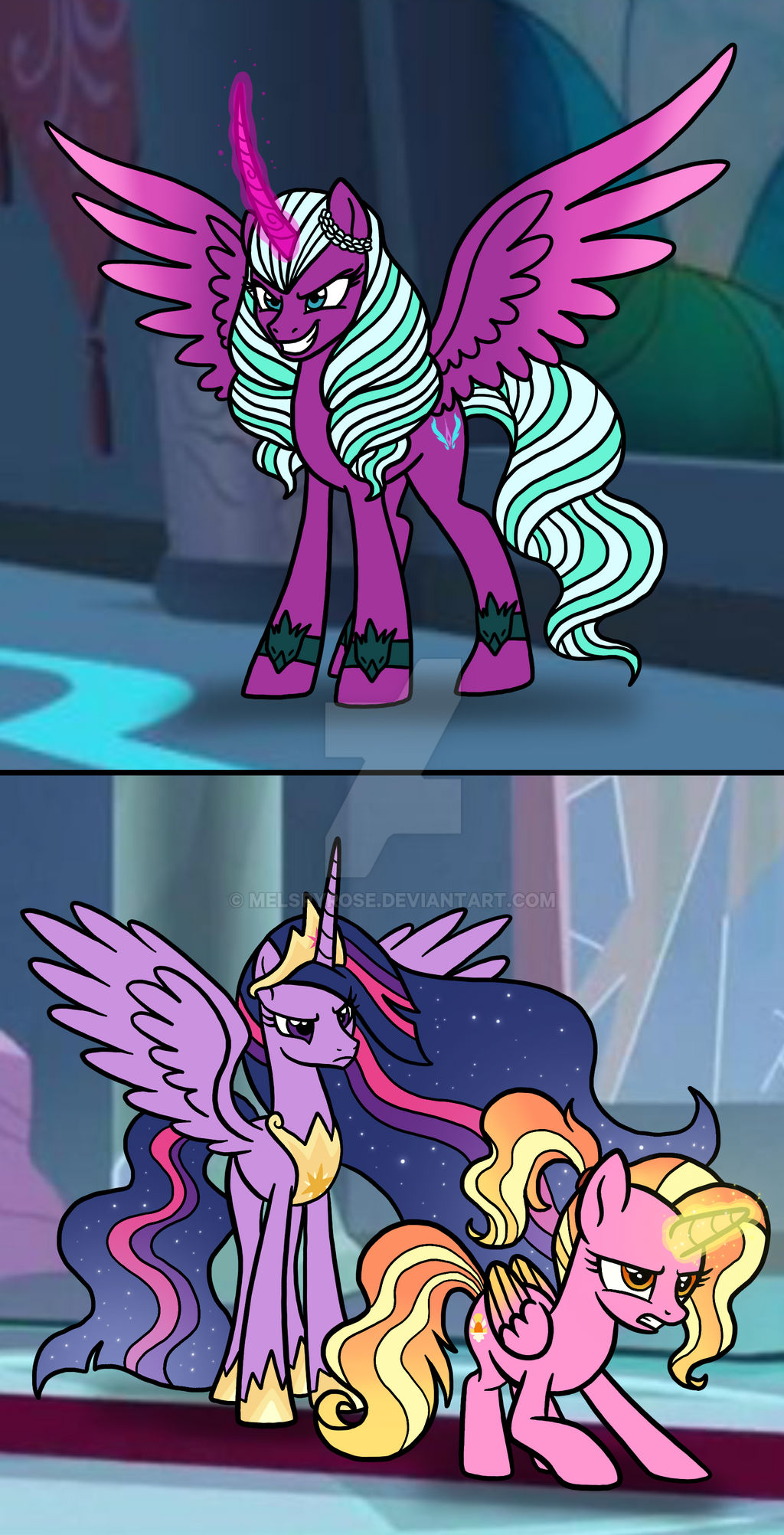 #2988042 - safe, artist:melspyrose, luster dawn, opaline arcana, twilight sparkle, alicorn, pony ...