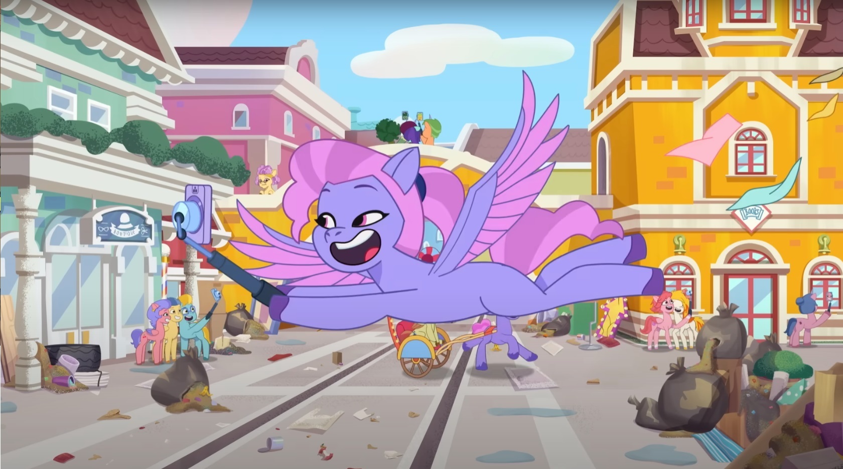 #2930478 - safe, screencap, autumn skies, cherry flyaway, dapple, feather clips, flare (g5 ...