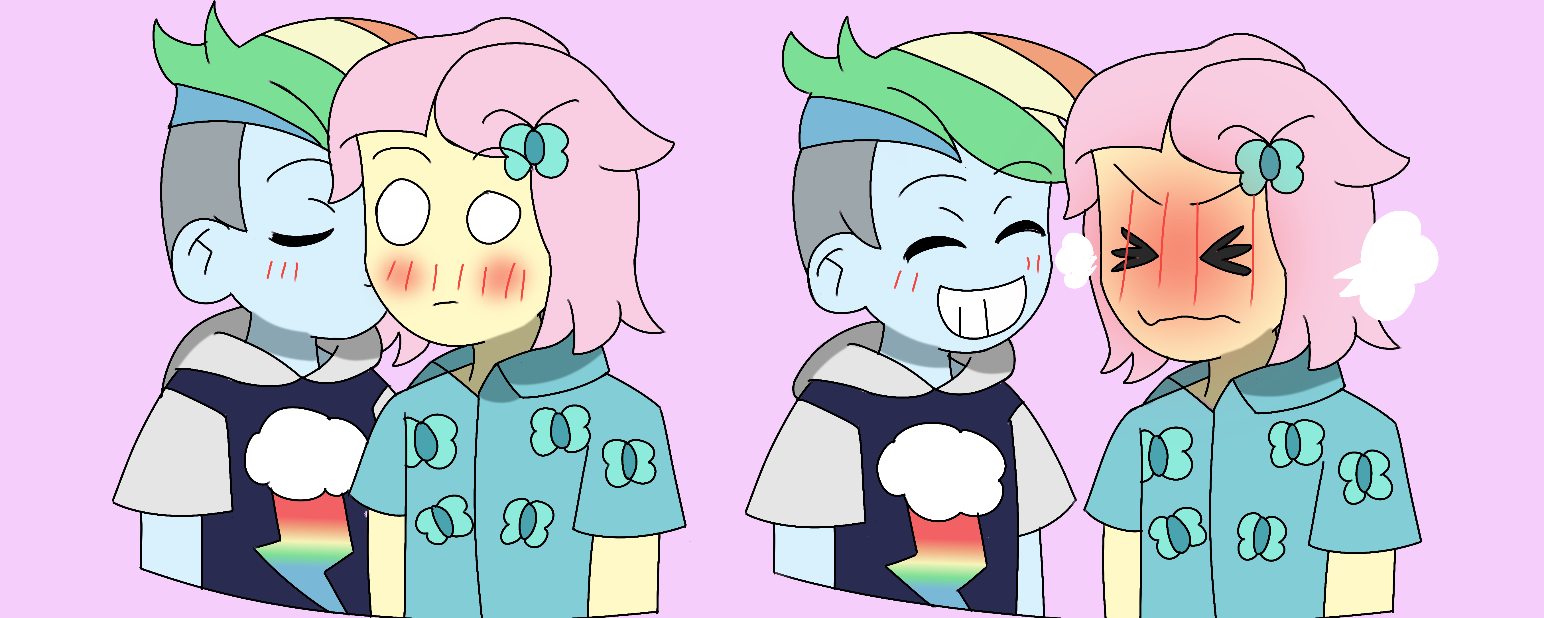 #3024666 - safe, artist:doggorob, fluttershy, rainbow dash, human, equestria girls, cheek kiss ...