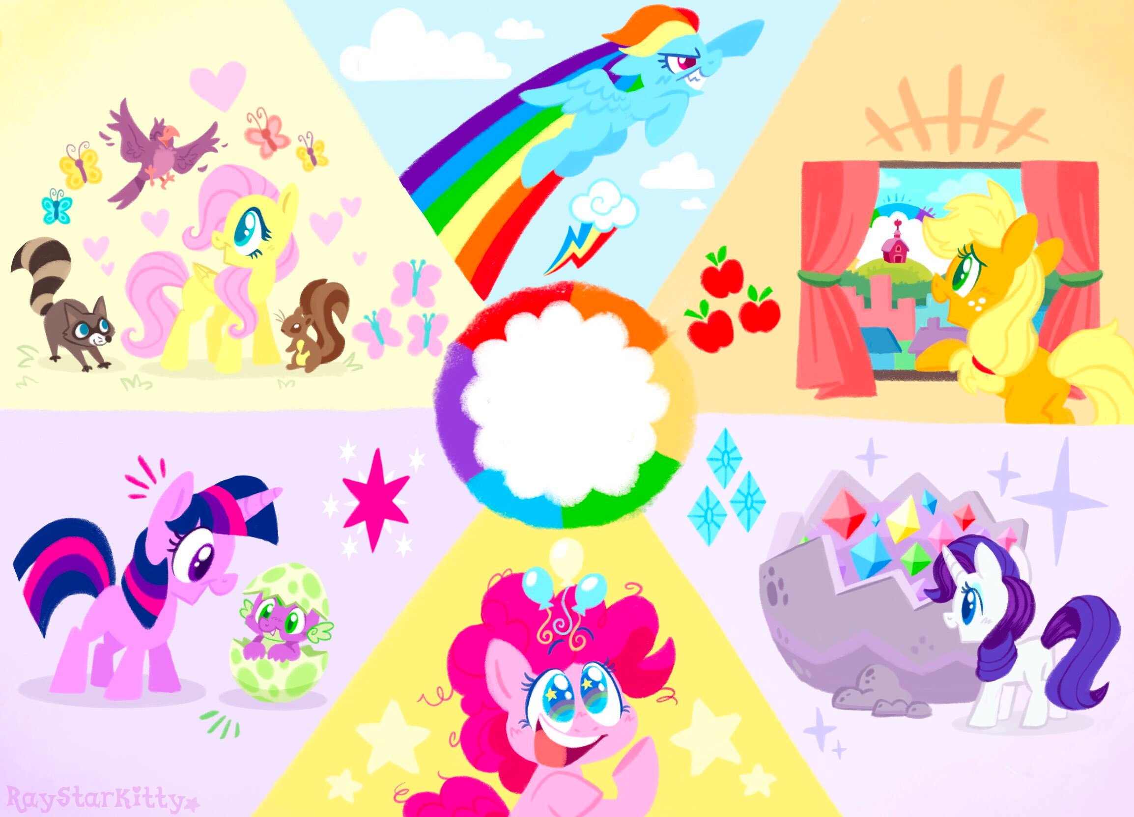 #3026248 - safe, artist:raystarkitty, applejack, fluttershy, pinkie pie ...