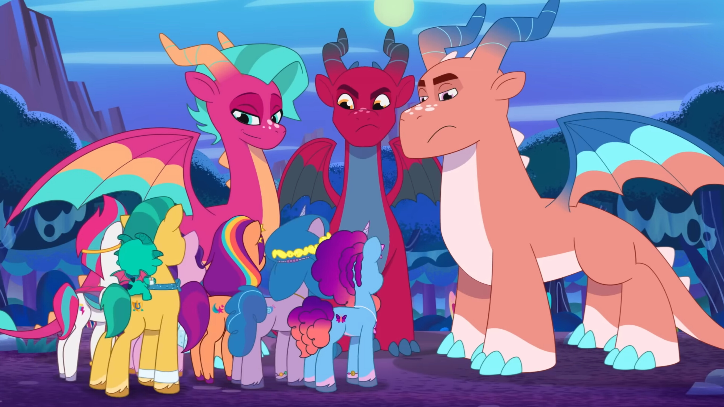 #3219718 - safe, screencap, blaize skysong, hitch trailblazer, izzy moonbow, lava (g5), misty ...