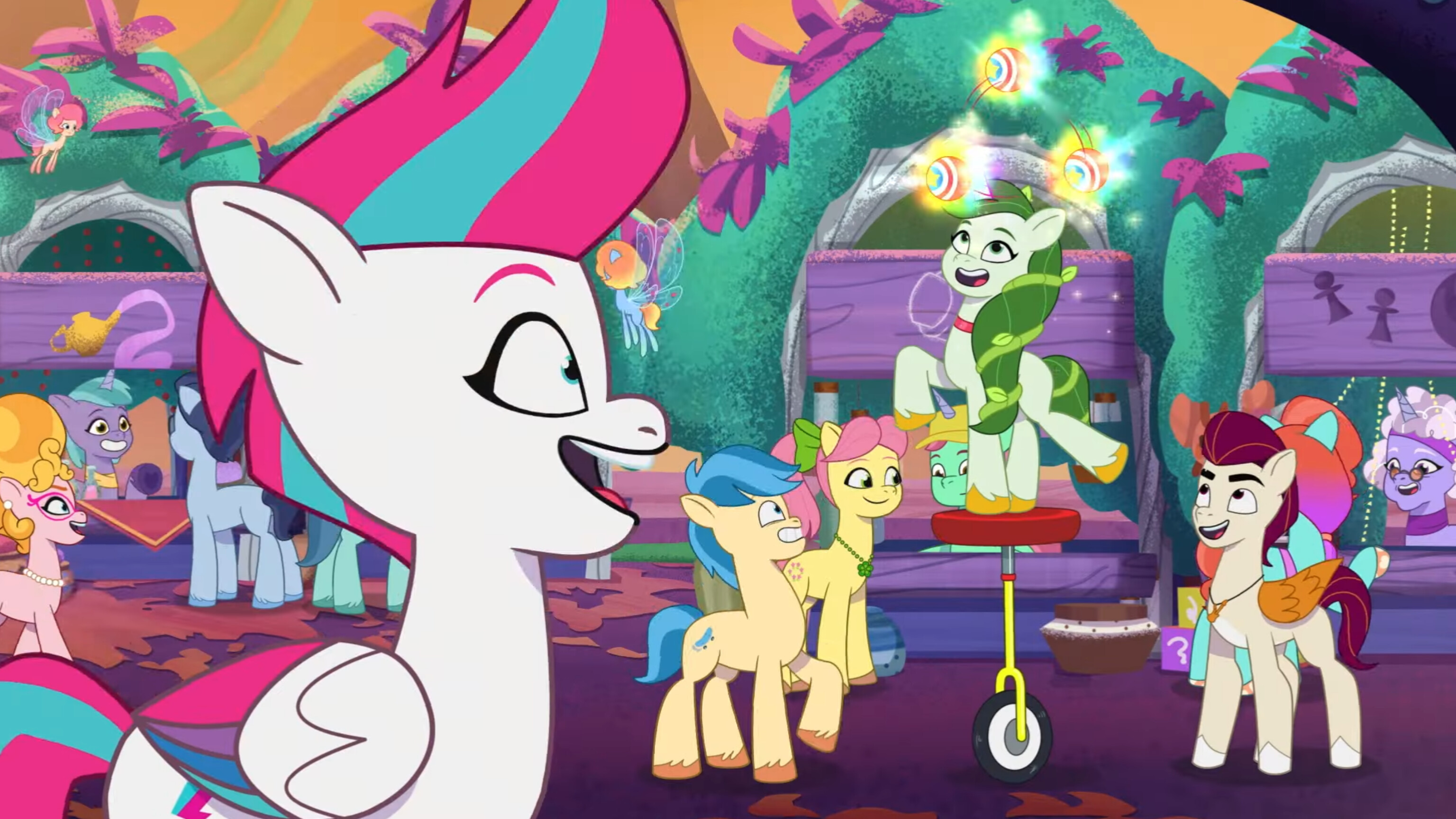 #3222331 - safe, screencap, jazz hooves, phyllis cloverleaf, posey bloom, rocky riff, zipp storm ...