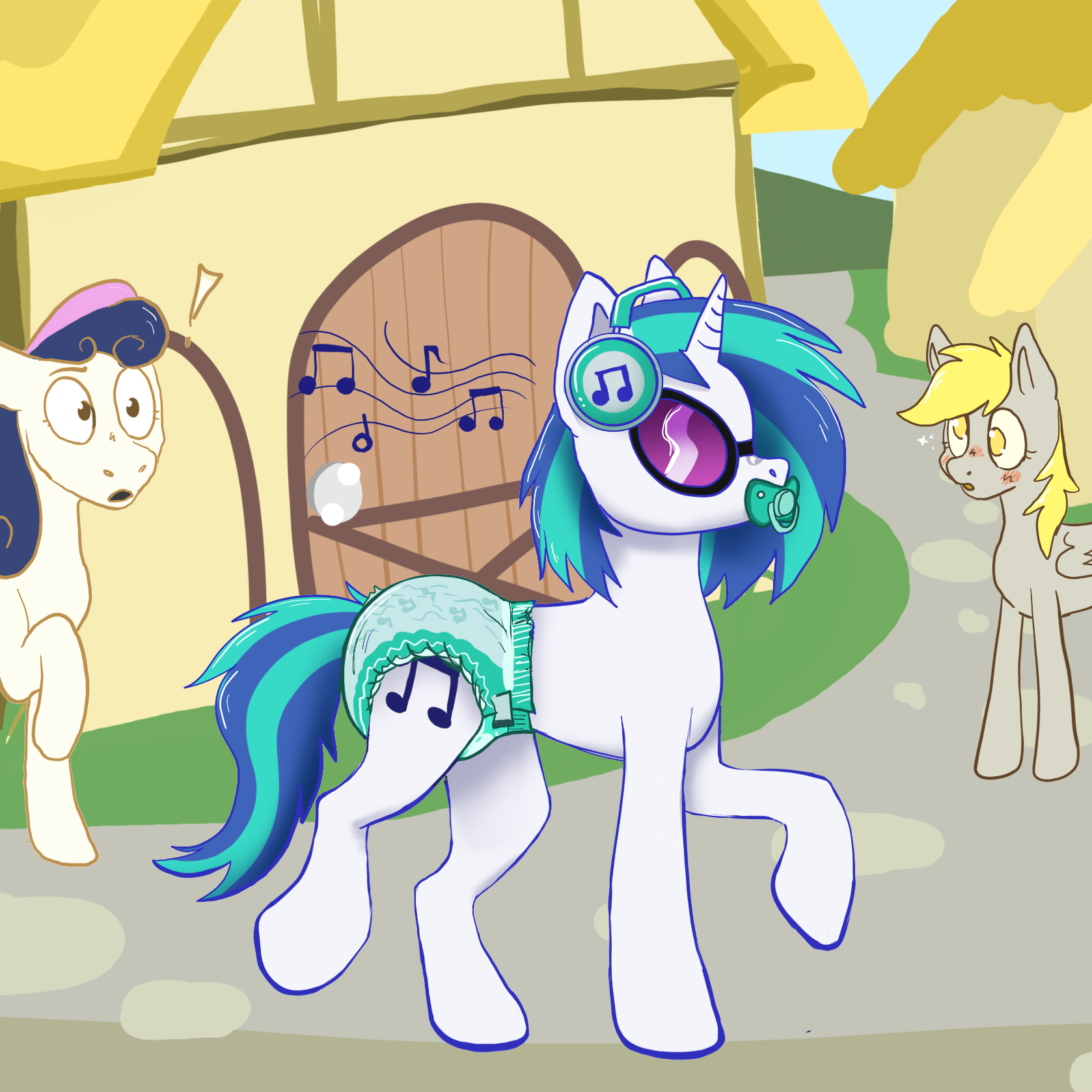#3223080 - safe, artist:permapuppy, bon bon, derpy hooves, dj pon-3 ...