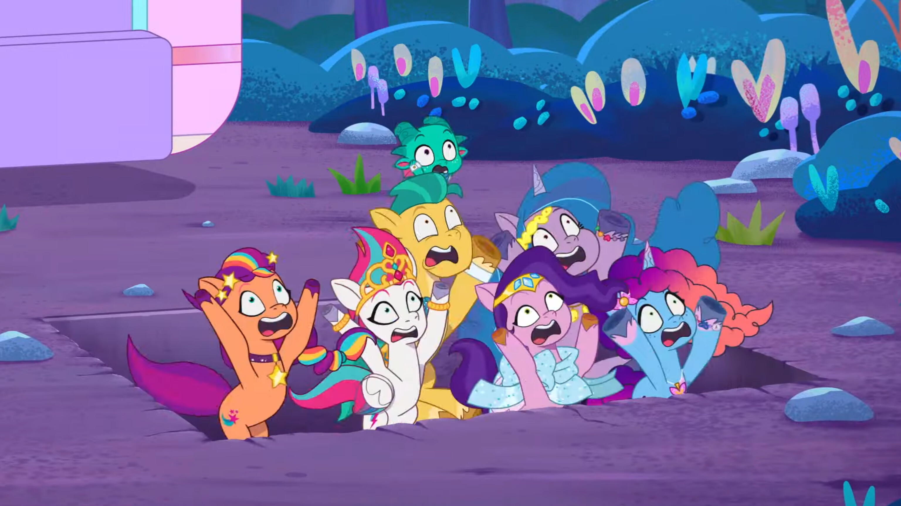 #3213690 - safe, screencap, hitch trailblazer, izzy moonbow, misty brightdawn, pipp petals ...