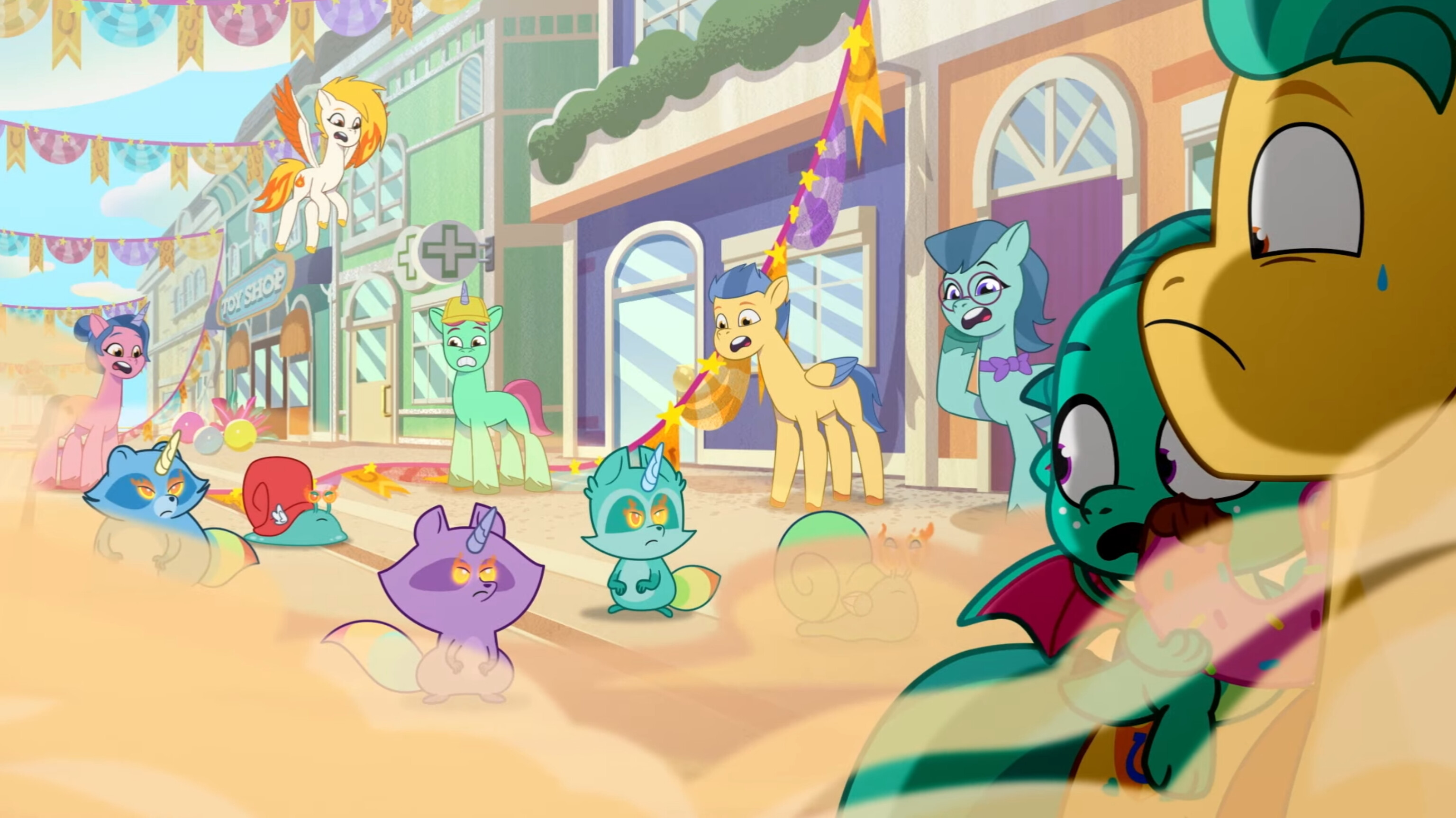 #3043266 - safe, screencap, delightful trifle, flare (g5), hitch trailblazer, lemon gear, plum ...